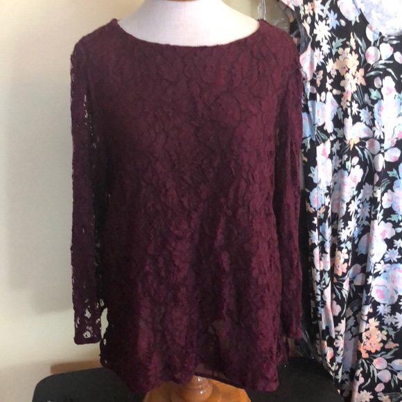 Chaps | Tops | Ec Chaps Burgundy Wine Lace Blouse Sz Xl | Poshmark